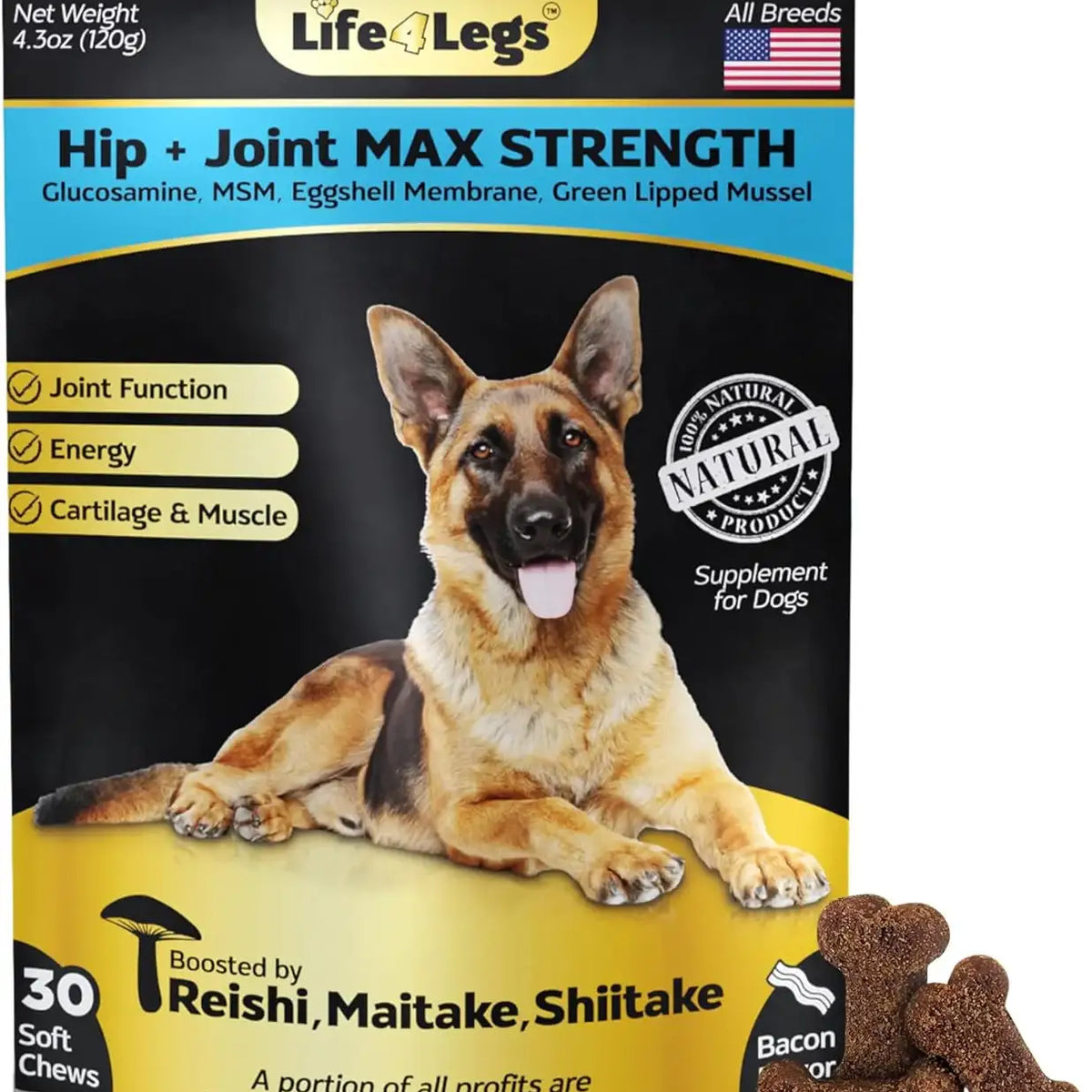 Life4Legs Soft Chews Hip and Joint Supplement for Dogs Bacon Flavor 30 ...