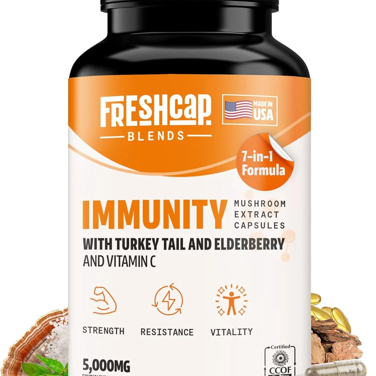 FreshCap 7-in-1 Immune Support Turkey Tail Mushroom and Elderberry 120 ...